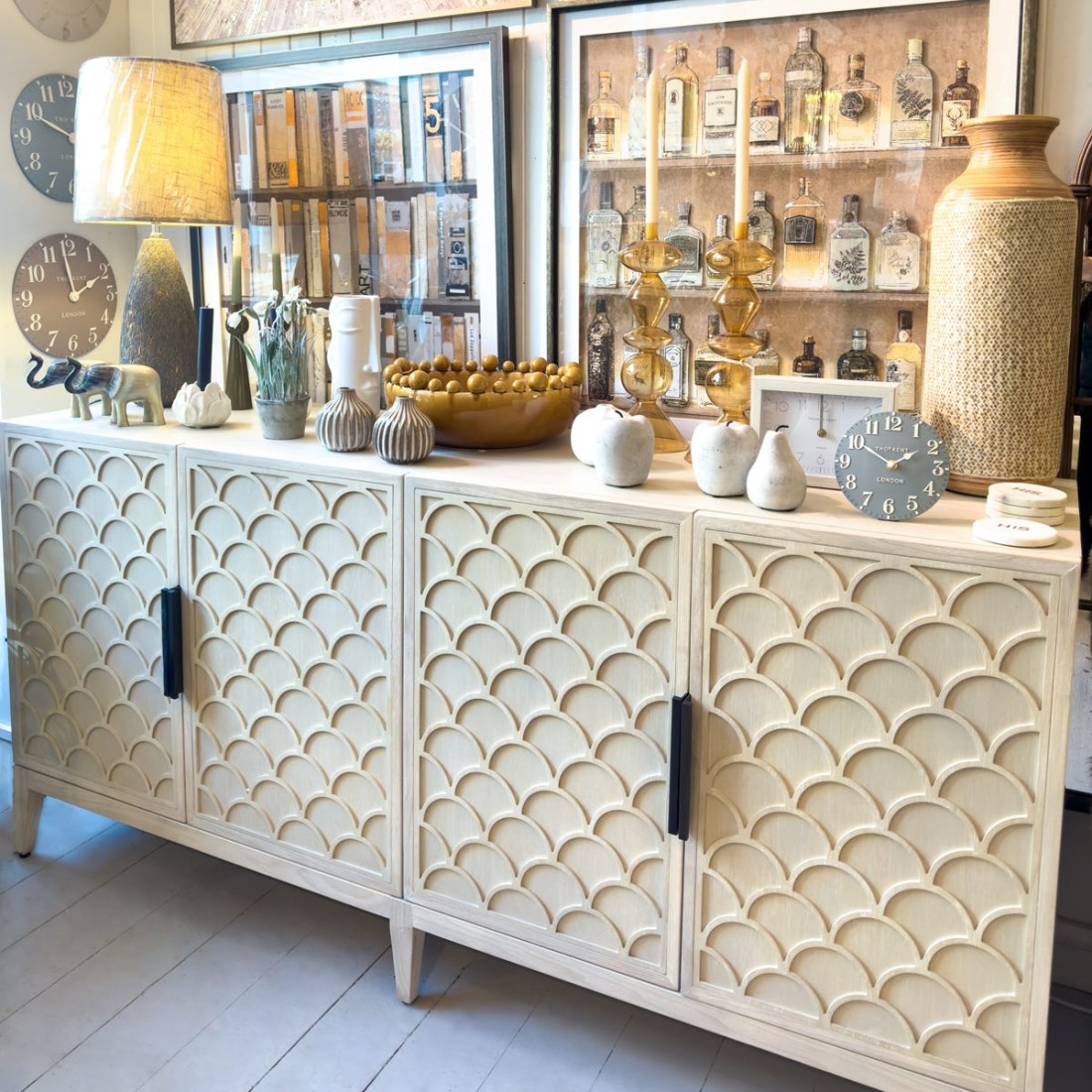 White Wash Scalloped 4 Door Sideboard | Time & Tide