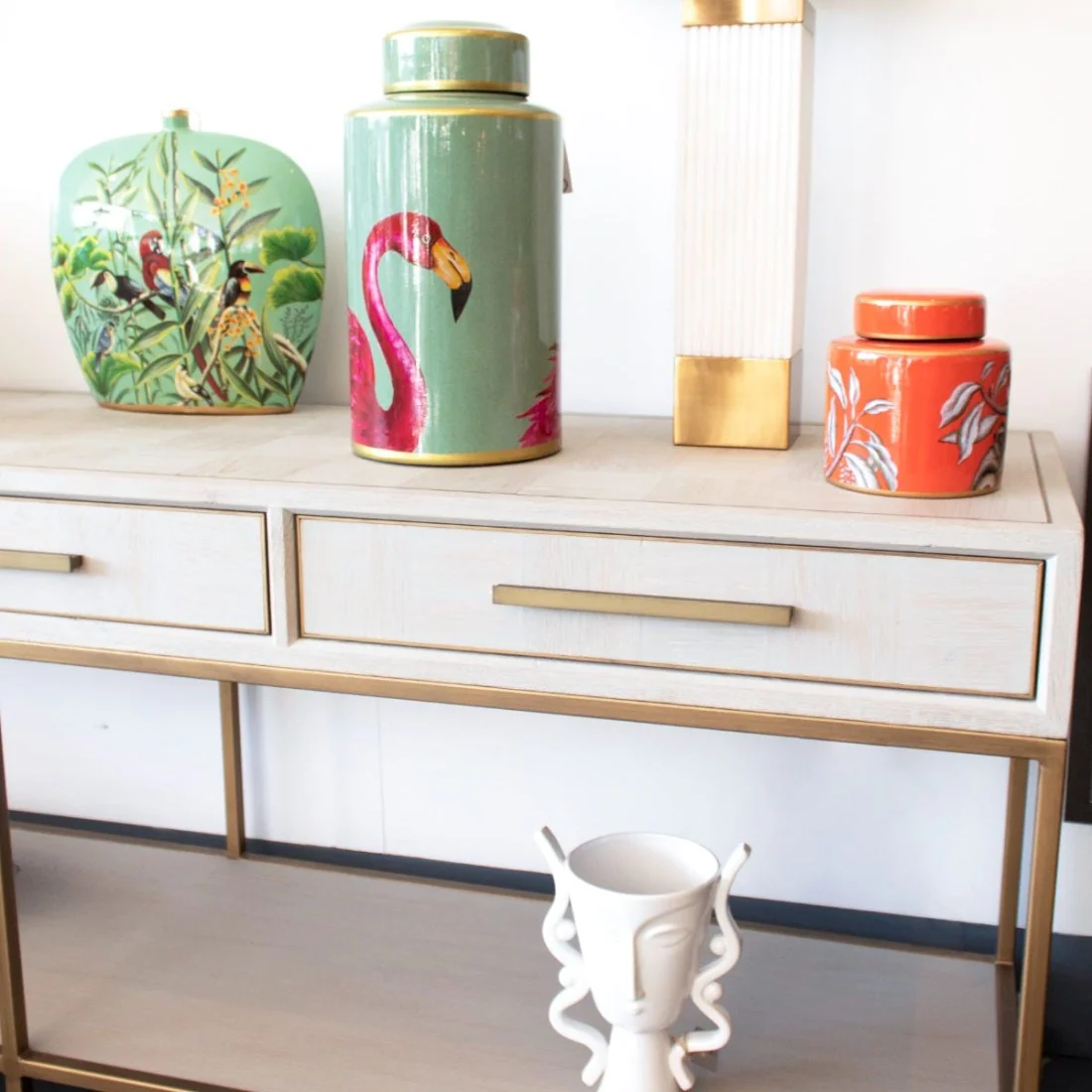 Cream Gold Parquet 3 Drawer Console