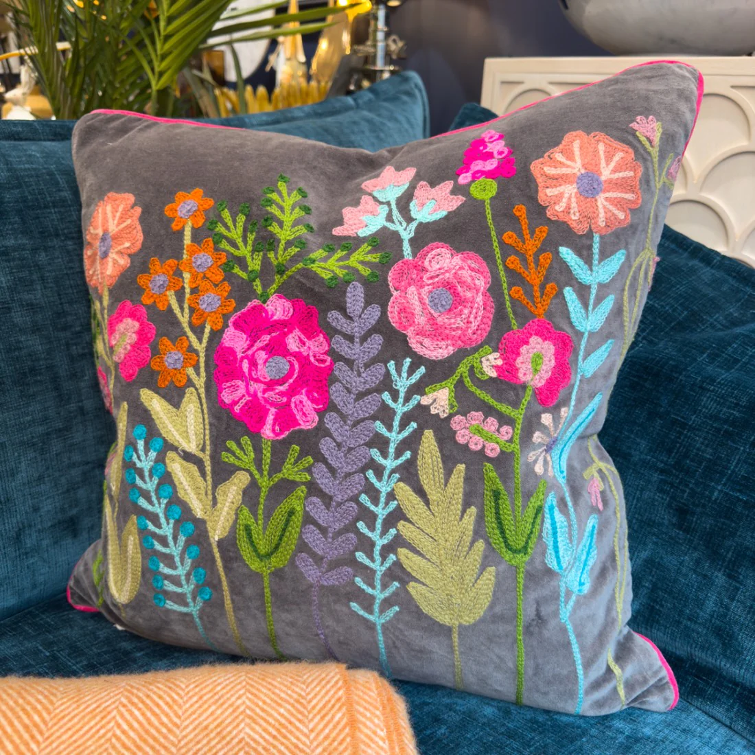 Colourful Floral Embroidered Cushion 50x50cm Time Tide